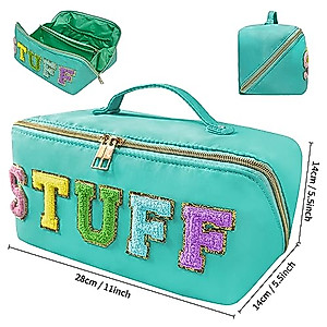 Huifen Stoney Clover Dupes Preppy Makeup Bag, Travel Cosmetic Bag Stuff Bag Chenille Letter Bag Large Capacity Nylon Bags Wide Open Falt Toiletry Bag Make up Organizer for Women Girls (Green)
