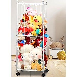【Metal Tubes】Stuffed Animal Storage, Plush Toy Storage Organizer Shlf, Extra Large Stuffed Animal Holder With 360° Brake Wheels, Stuffed Animal Zoo Storage For Nursery Playroom Kids Room, White