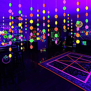 UNIIDECO Neon Paper Circles Garland Rave Black Light Birthday Decorations, Glow in The Dark Party Supplies, UV Blacklight Reactive Decoration Room Decor, Hanging Circle Dots Streamers Wall Backdrop