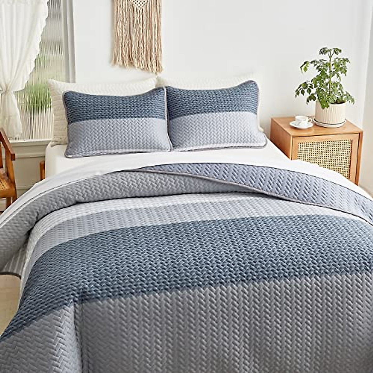 Striped Cotton Quilt Set King Size with White Gray Stripes Soft Cotton Reversible 3pc Quilt Bedding Set, Coverlet, Bedspread with 2 Pillow Shams