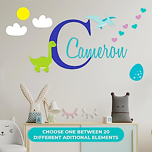 Custom Name & Initial Dinosaur Wall Decals I Personalized Dinosaur Bedroom Decor for Boys or Girls I Dinosaur Birthday Party Supplies I Nursery Wall Decal (Wide 32" x 20" Height)