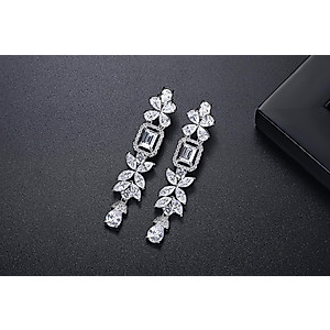 White Gold Plated Rectangle Square Shaped Crystal Wedding Bridal Bridesmaid Clear Cubic Zirconia Stud Dangle Earrings Fashion Jewelry for Women
