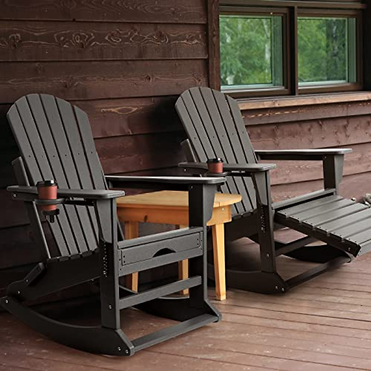 FUNBERRY Patio Rocking Chair Set of 2,Porch Rocker,Rocking Adirondack Chair,Folding Adirondack Chairs with Ottoman,All Weather Rocking Chair,Plastic Rocking Chair,350 lbs