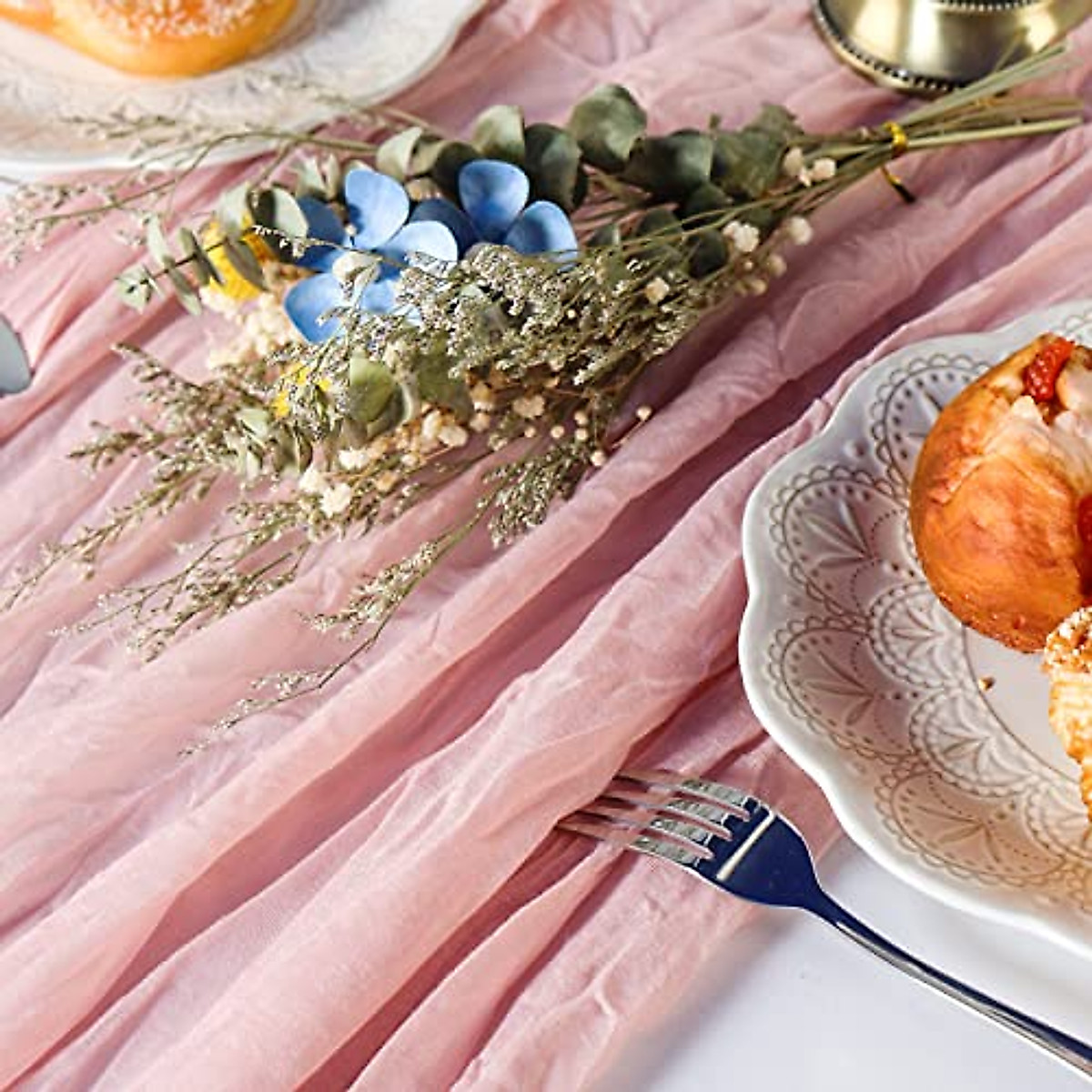 Dololoo Cheesecloth Table Runner Pink 35 x 118 Inches Gauze Table Runner 10Ft Rose Boho Rustic Decorations for Wedding Decor Reception Bridal Shower Holiday Party