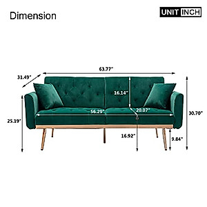 SLEERWAY Velvet Futon Sofa Bed with 5 Golden Metal Legs, Sleeper Sofa Couch with Two Pillows, Convertible Loveseat for Living Room and Bedroom, Green