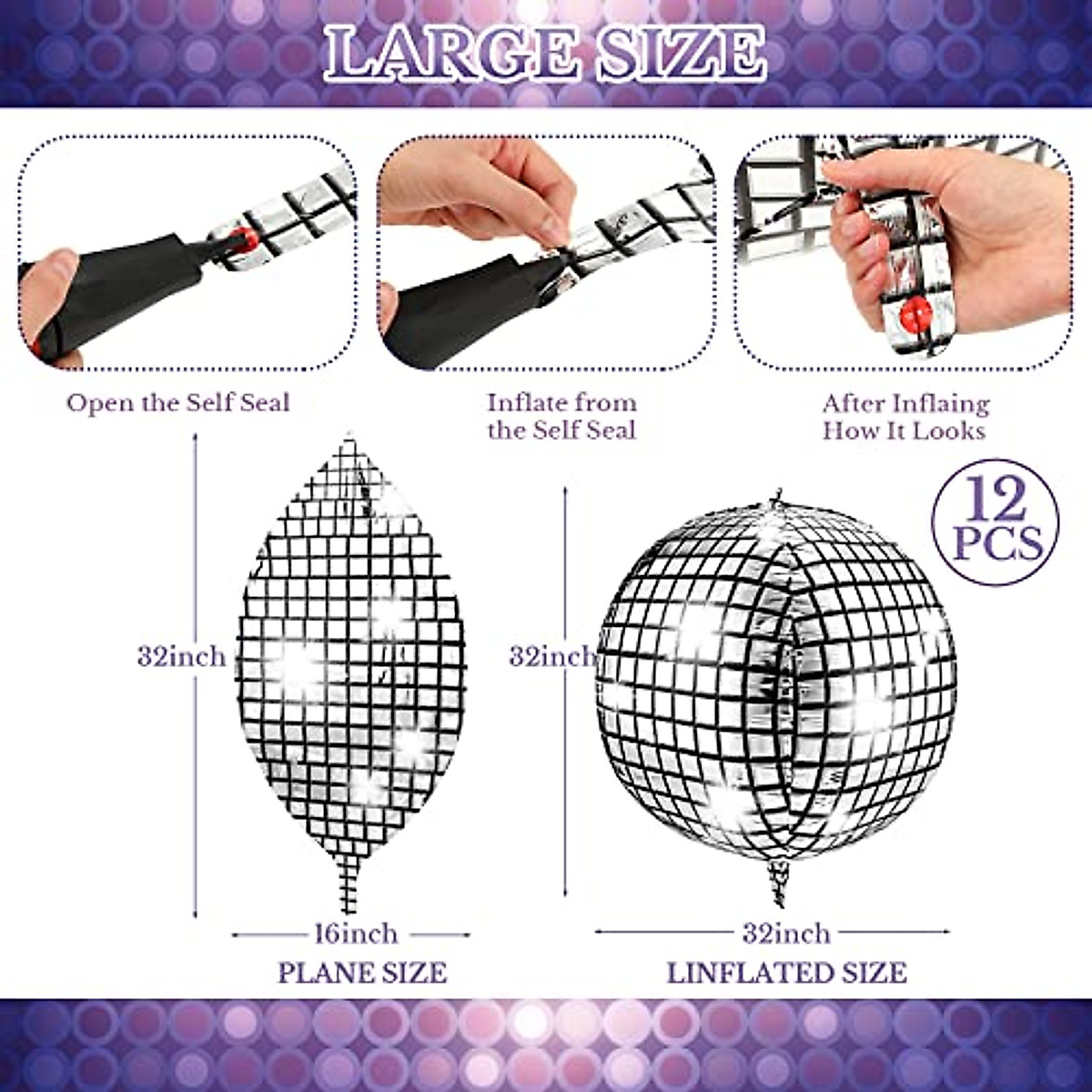 12 Pcs 32 Inch Large Disco Ball Balloons 70s Disco Party Decorations 4D Aluminum Foil Disco Ball Decor Party Decors and Supplies for Disco Birthday wedding party Dance New Year Baby Shower