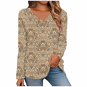 LTTVQM Blouses for Women Fashion 2023 Winter Trendy Long Sleeve Fashion Shirts Tops V Neck Tie Dye Long Sleeve T Shirts for Women Western Casual Shirt Tunic Or Tops to Wear with Leggings Khaki 2X