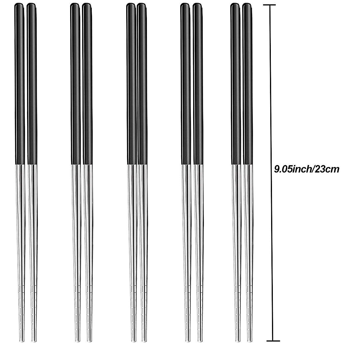 5 Pairs Stainless Steel Chopsticks, Slivek Reusable Premium Lightweight 304 Metal Chopsticks Dishwasher Safe, Non-slip, Lightweight, 9.05 inches (Black Silver)
