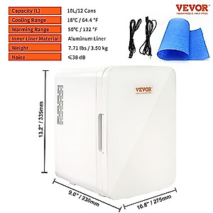 VEVOR Mini Fridge 10L/12 Can Luxury Skin Care Refrigerator, Small Beverage Cooling for Bedroom Office Dorm Car Travel AC/DC Cooler & Heat for Foods, Drink, Breast Milk Storage & Chill, White