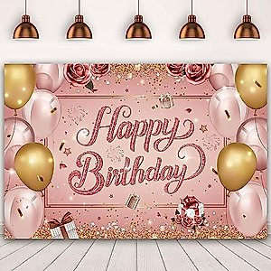 7x5Ft Red Rose Flowers Floral Happy Birthday Backdrop Gold and Pink Balloon Photo Background Women Birthday Party Decorations Party Supplies Photo Background Banner Polyester Fabric
