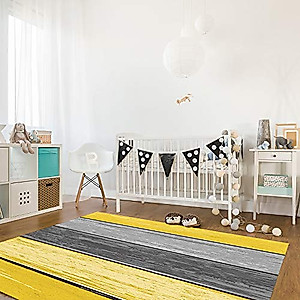Yellow Grey Ombre Area Rugs for Living Room/Bedrooom, 4'x6' Area Rug Non-Slip, Farmhouse Wooden Striped Abstract Aesthetics Kids Room Area Rug Washable Accent Floor Carpet Runner Indoor Outdoor