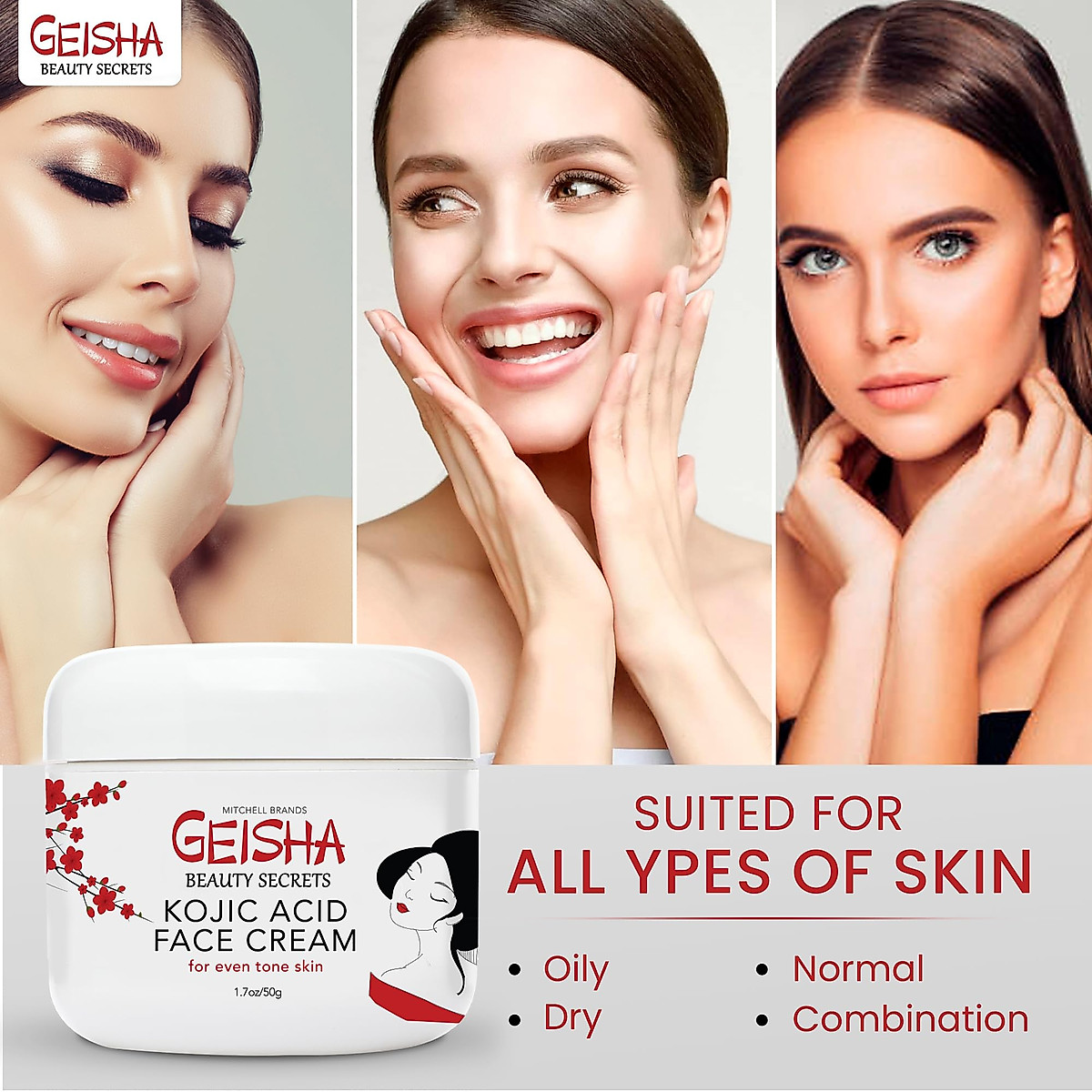 OMIC Geisha Kojic Acid Cream - 1.7 fl oz / 50 ml - Skin Brightening Cream for Face, Body, Hands - with Glycolic Acid