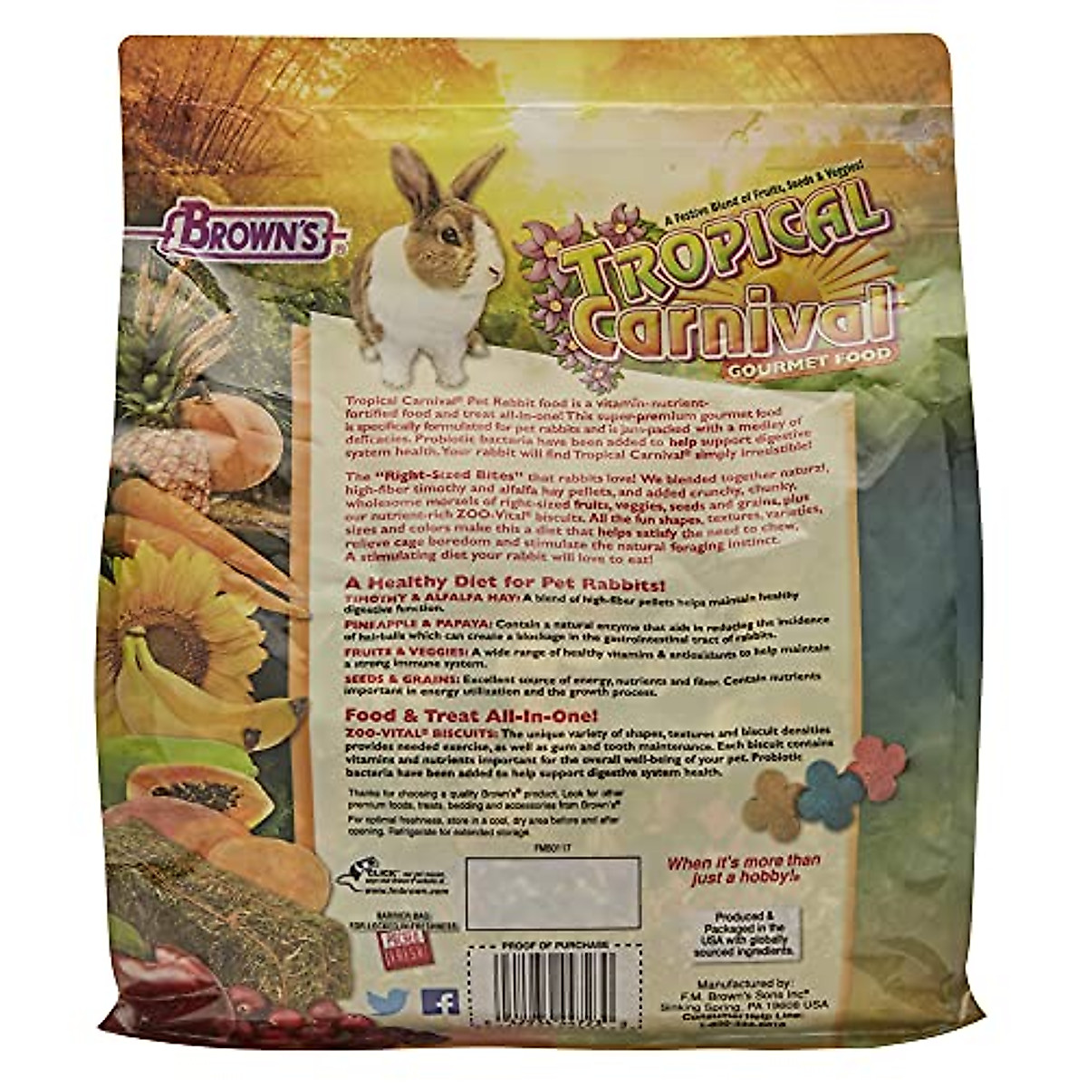F.M. Brown's Tropical Carnival, Gourmet Pet Rabbit Food with High-Fiber Timothy and Alfalfa Hay Pellets, Probiotics for Digestive Health, Vitamin-Nutrient Fortified Daily Diet, 5 lb