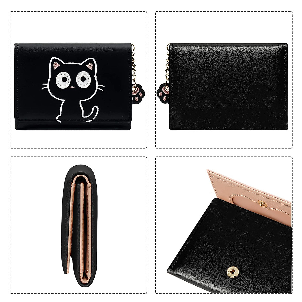 Sunwel Fashion Cute Little Cat Pattern Small Wallet Credit Card Holder Cash Pockets ID Window with Paw Pendant (BLACK, Tri-fold)
