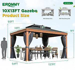 EROMMY 10' x 13' Hardtop Gazebo Outdoor Aluminum Wood Grain Gazebos with Galvanized Steel Roof and Mosquito Net for Patios, Deck,Backyard,Curtains&Netting
