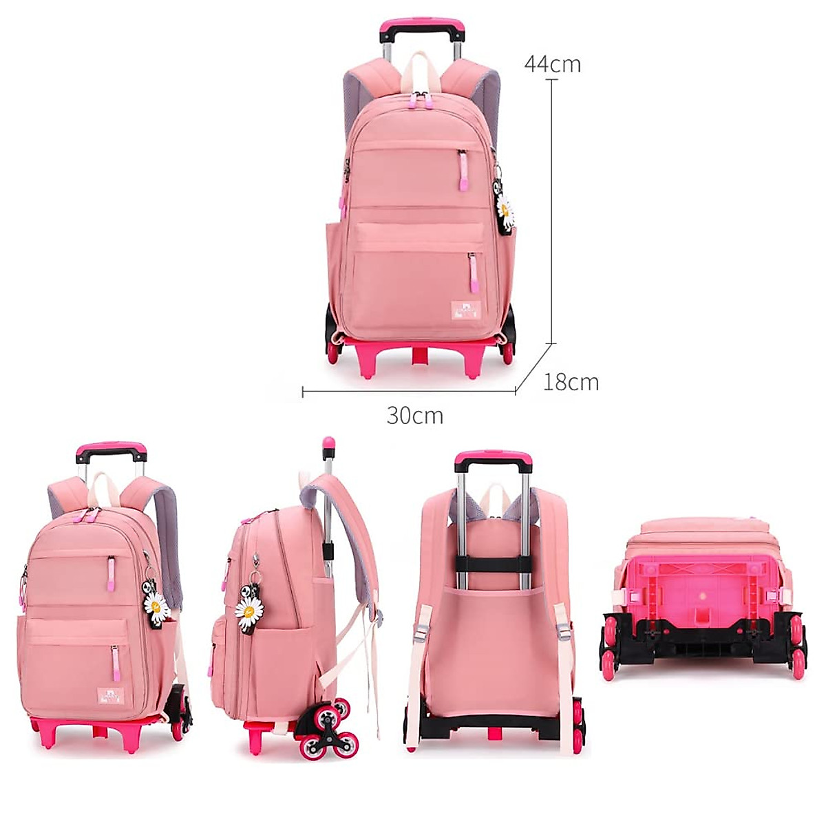 Rolling Backpack for Kids Elementary and Middle School Students with Wheel Travel Backpack Girls Solid Color School Bag