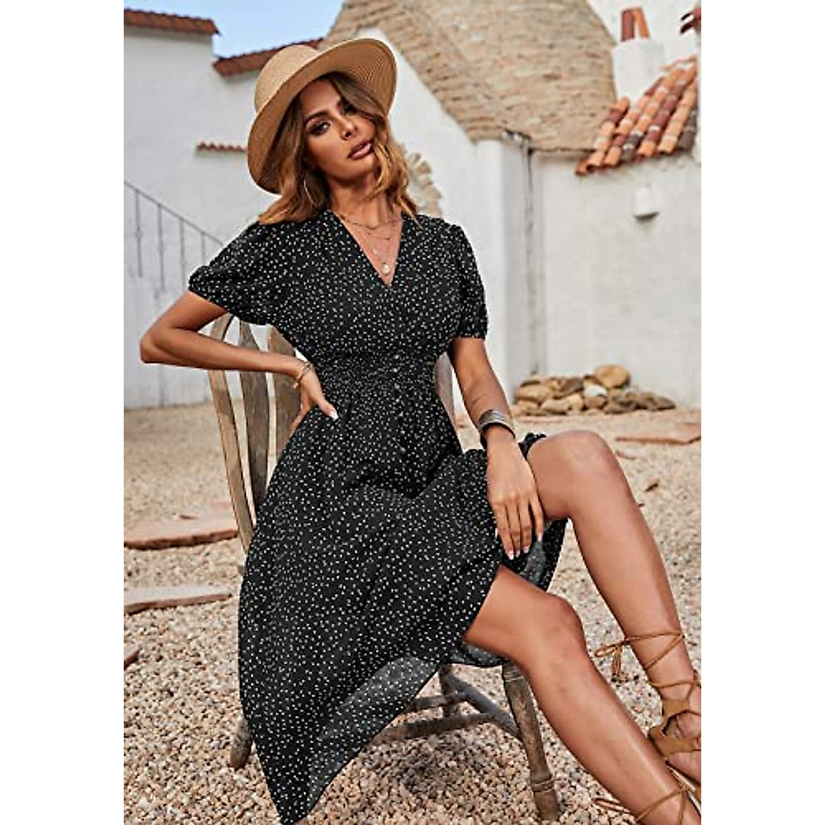 PRETTYGARDEN Casual Summer Dresses for Women Knee Length Polka Dot Floral Printed Short Sleeve Wrap Dress Midi Button Down Dress for Women Wedding Guest (Black, Medium)