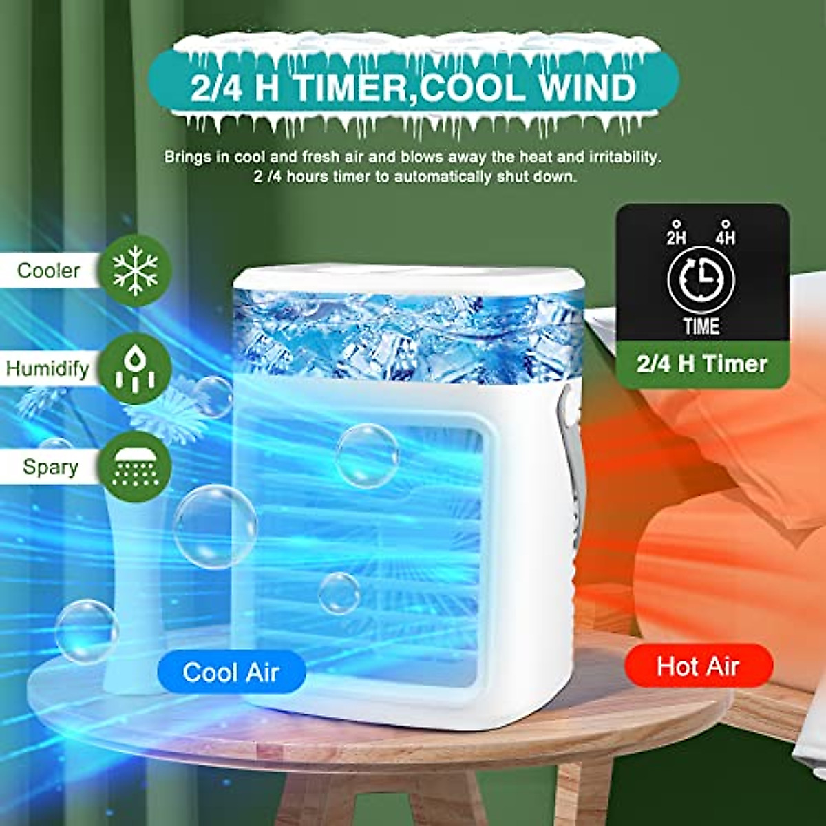 Portable Air Conditioner, Rechargeable Personal Air Cooler, USB Air Conditioner Fan with 3-Speed, Cordless 3 in 1 Mini Air Conditioner Desk Spray Fan, Quiet Aroma Diffuser Fan with Handle for Home/Camping/Desk