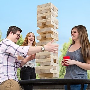 Hey! Play! Classic Giant Wooden Blocks Tower Stacking Game, Outdoors Yard Game, for Adults, Kids, Boys and Girls , Brown