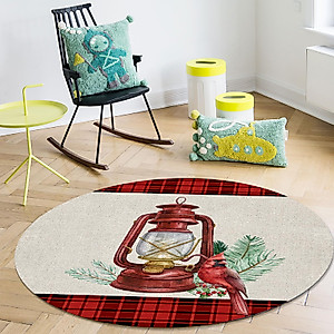 Christmas Bird Area Rug Carpet for Kids Teen Girls Boys Bedroom, Living Room, Washable Outdoor Indoor Accent Throw Runner Floor Mat Area+Rug Retro Red Buffalo Plaid Lattice 3.3FT(Round)