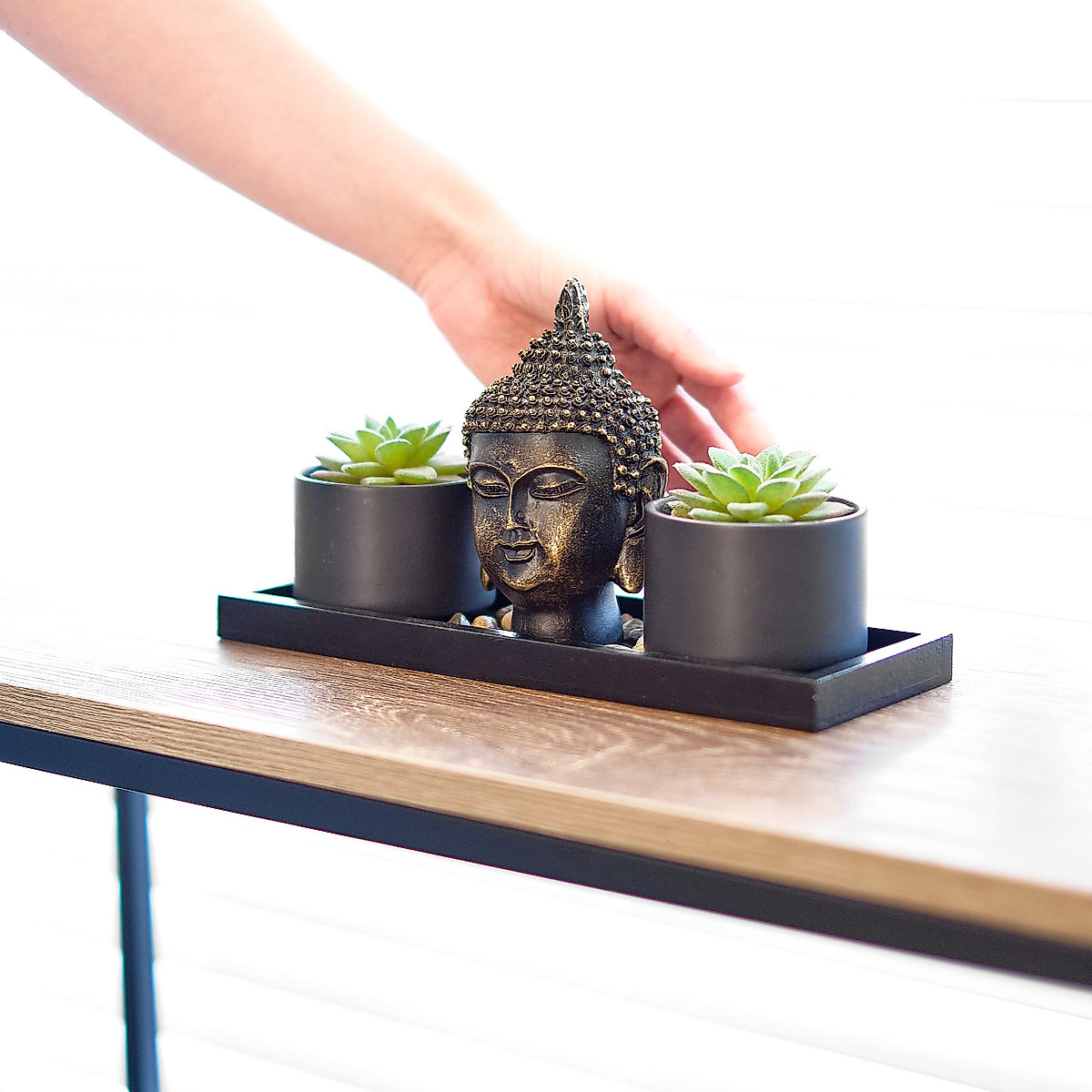 Buddha Statue & Succulent Zen Garden Set- Buddha Head Statue w/ Wooden Display Tray & Stones| Buddha Decor For Home Decor. Beautiful & Peaceful. Great Meditation Gifts.