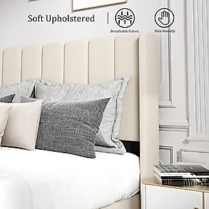 HAOARA Queen Size Velvet Bed Frame with Vertical Chanel Tufted Headboard and Wingback, Upholstered Platform Bed, Strong Wooden Slats, No Box Spring Needed, Beige