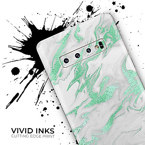 DesignSkinz Mint Marble & Digital Gold Foil V3 Protective Vinyl Decal Wrap Skin Cover Compatible with The Samsung Galaxy S20 (Screen Trim & Back Glass Skin)