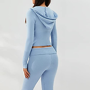Women Ribbed Knit 2 Piece Outfits Long Sleeve Zipper-Up Slim Fit Hooded Crop Tops High Waist Long Pants Loungewear A Blue