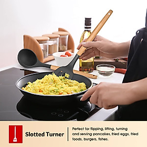 E-far Cooking Utensils Set of 6, Silicone Kitchen Utensils with Wooden Handle, Non-stick Cookware Friendly & Heat Resistant, Includes Spatula/Ladle/Slotted Turner/Serving Spoon/Spaghetti Server(Gray)