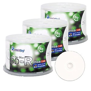 Smartbuy 150 Pack Bd-r 25gb 6X Blu-ray Single Layer Recordable Disc Printable White Inkjet Blank Data Video Media 150 Disc Spindle