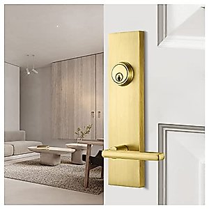 SNBTLA Satin-Brass Front Door Handle - Modern Entry Door Lock Set with Deadbolt,Exterior Door Lever 3 Keys for Left & Right Hand Door (Satin Brass)