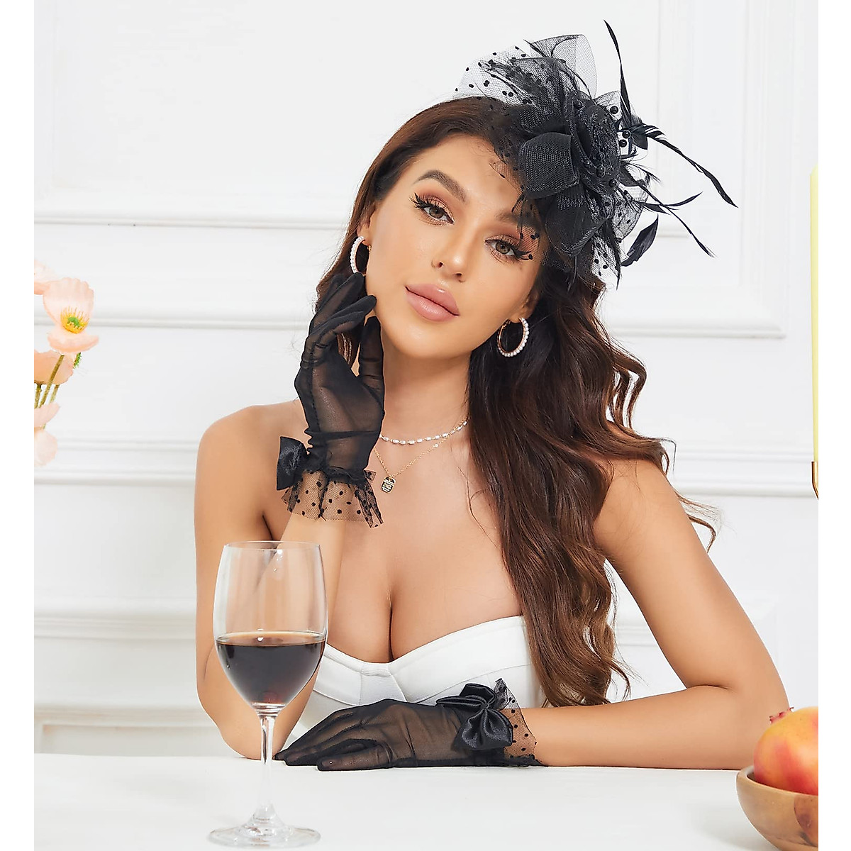 Fascinators Hats Clip Hat Wedding Cocktail Tea Party Headwear and Short Lace Bowknot Gloves for Women（102 Black