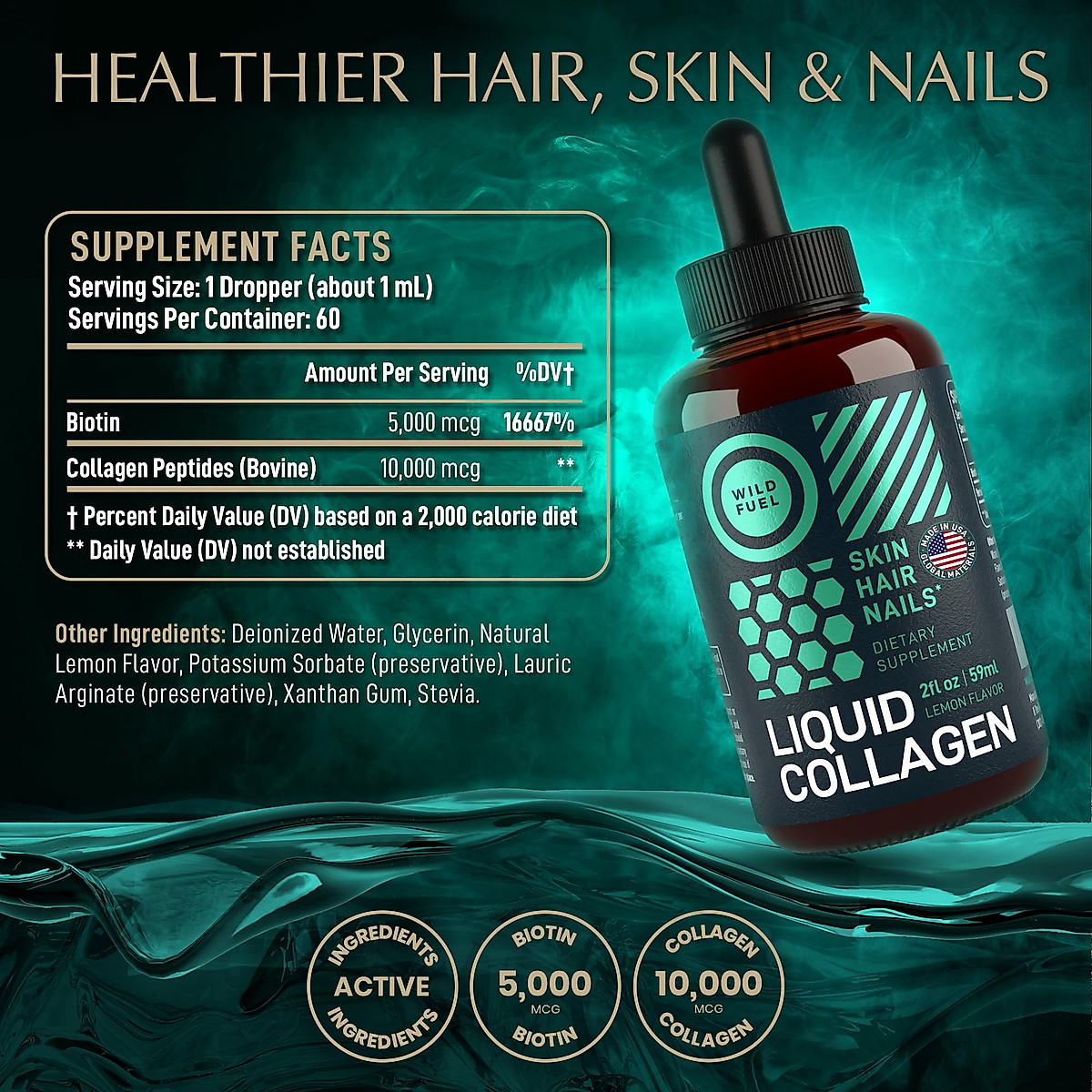Liquid Collagen Peptides with Biotin Vitamins for Hair Skin and Nails - Biotin and Collagen Supplements - 10,000mcg Liquid Collagen for Women and Men 5,000mcg Biotin - Lemon Flavor, 2-Month - 2 oz