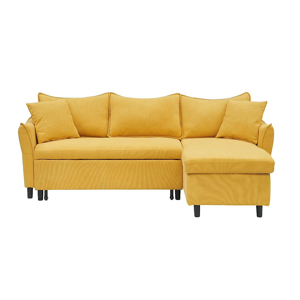 TURRIDU Convertible Sectional Sofa with Pull-Out Bed and Storage Chaise Lounge, L-shaped Corduroy Upholstered Reversible Couch with 2 Throw Pillows for Living Room, Apartment (Yellow)