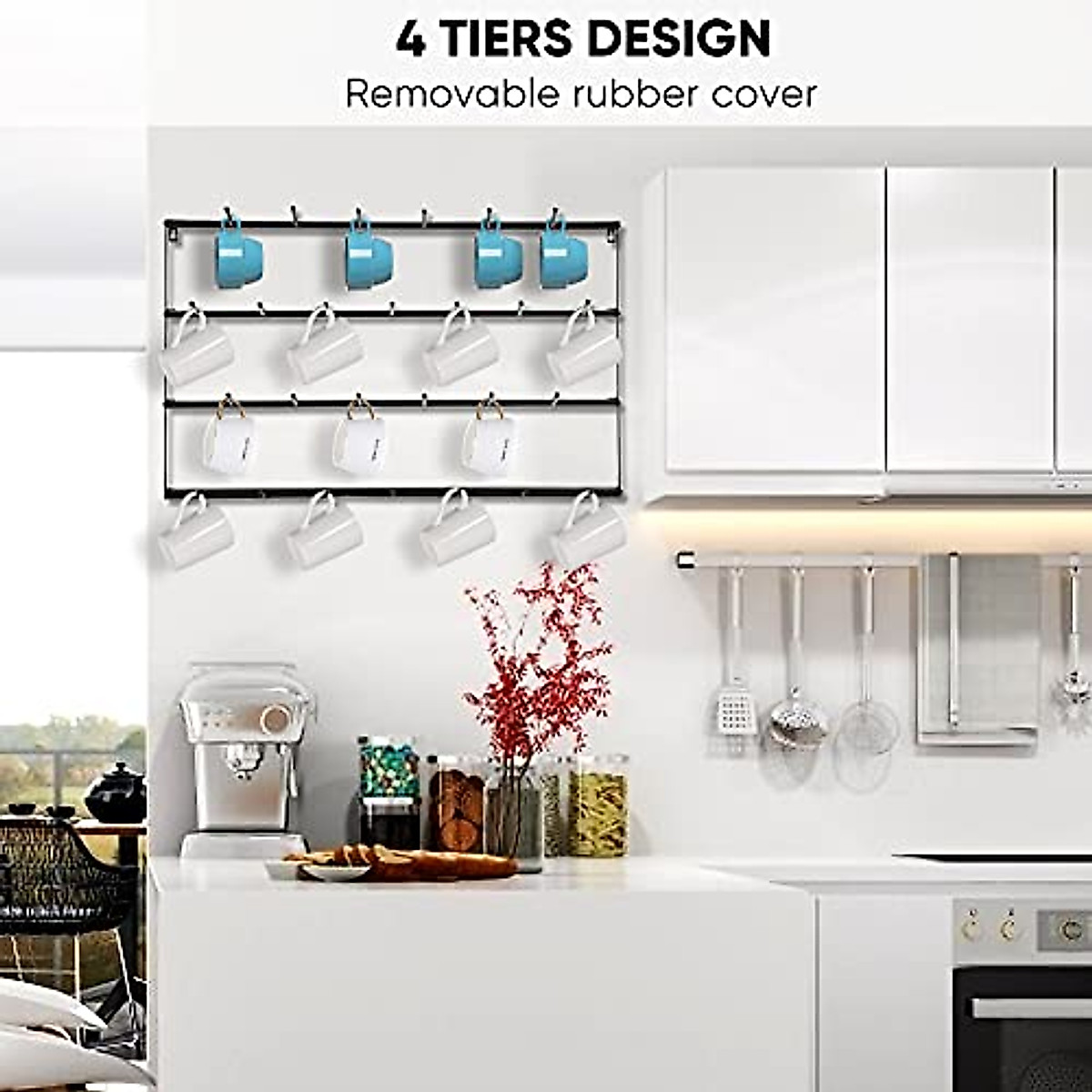 Wall Mount Coffee Mug Holder, Wrought Iron Coffee Tea Cup Hanging Rack Display Organizer Space Saving Mug Hanger with 30 Hooks for Home Kitchen Farmhouse Storage and Collection(4 Tier)