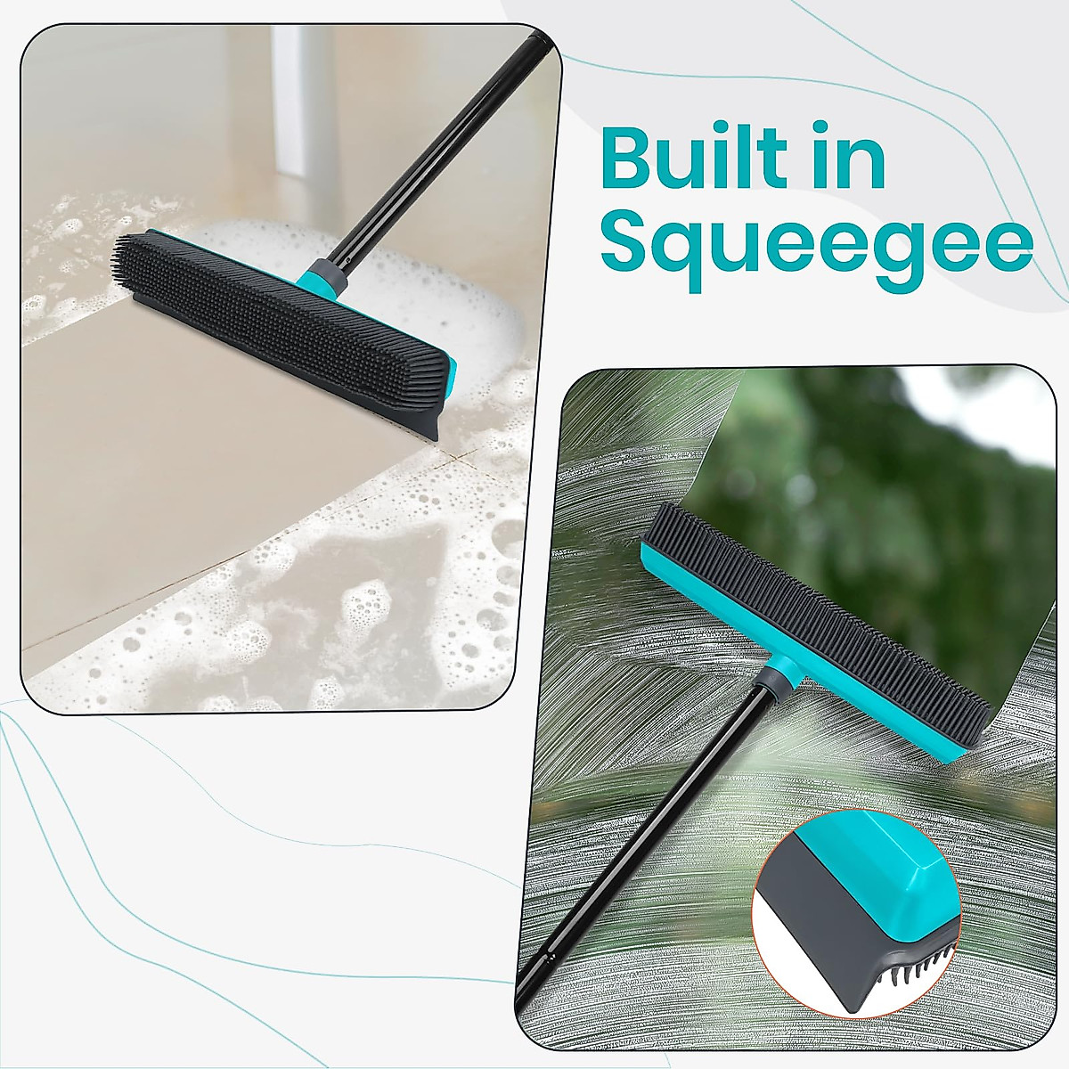 MAVRIZ Pet Hair Removal Broom Carpet Rake Rubber Broom with Squeegee Rug Rake to Fluff Carpet