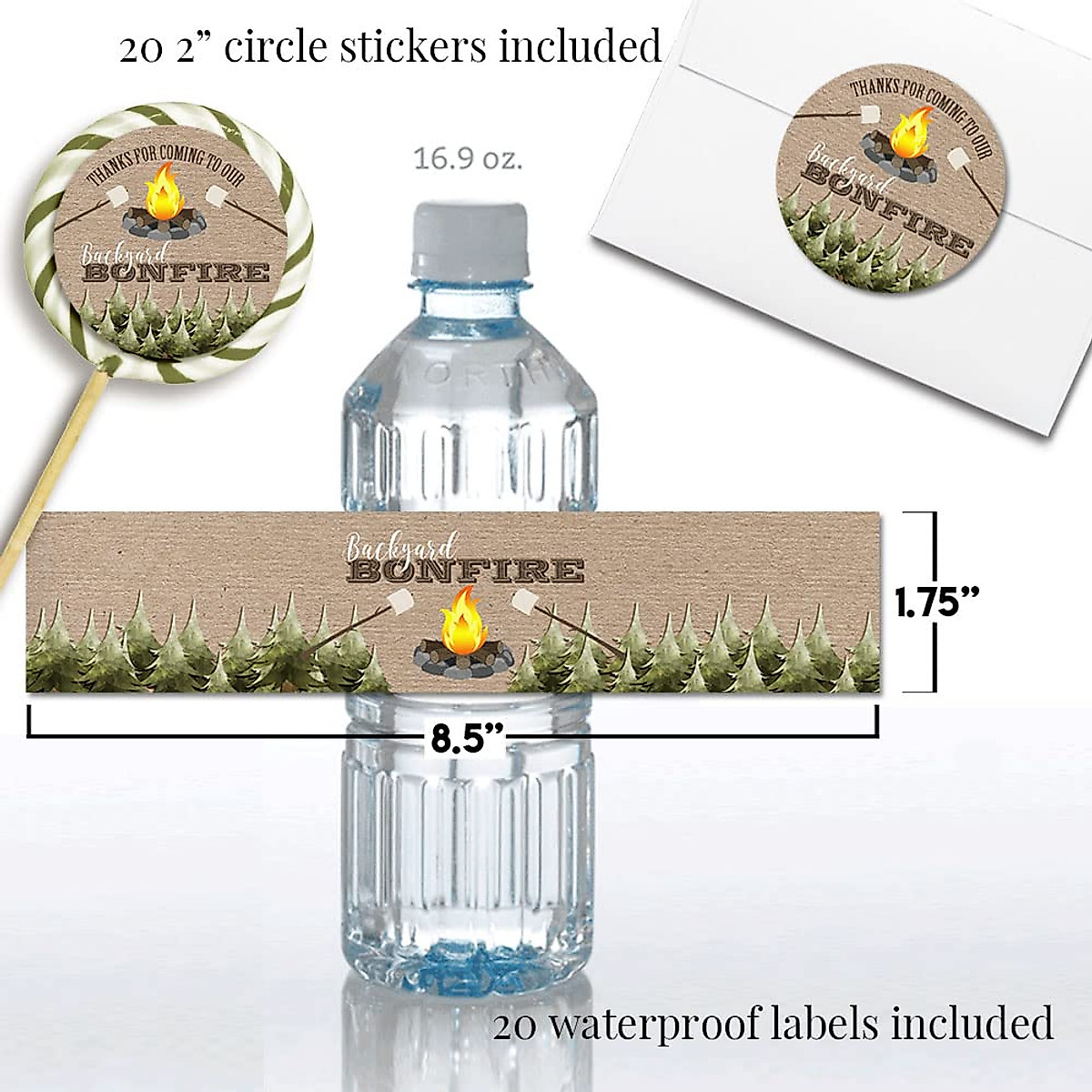 Backyard Bonfire Birthday Party Bundle Includes 20 each of Invitations & Thank You Cards with Envelopes + 2 Different Sizes of Stickers, Mini Candy Bar Wrappers, & Water Bottle Labels!