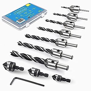 amoolo 10-Pack Countersink Drill Bit Set with 1 Free Hex Key Wrench, 7 Pcs Countersink Drill Bits for Wood, 3 Pcs Hex Shank Wood Countersink Bits (1/2" 5/8" 3/4"), Woodworking Carpentry Reamer