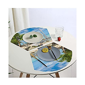 Placemats Set of 5,Palm Tree Beach Sea Cloud Blue Sky Island Reef Stone Indoor Outdoor PVC Weave Place Mats Wipeable Dining Table Placemats Heat Insulation Table Mats