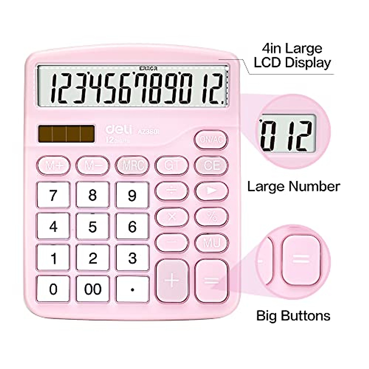 Calculator, Deli Standard Function Desktop Calculators with 12 Digit Large LCD Display and Sensitive Button, Solar Battery Dual Power Office Calculator, Pink