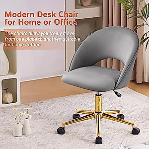 Furniliving Velvet Home Office Chair, Cute Desk Chair Swivel Armchair Upholstered Task Chair with Gold Metal Base, Vanity Chair Adjustable Computer Chair Makeup Chair for Living Room (LightGrey)