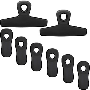 COOK WITH COLOR Set of 8 Bag Clips- 2 Large Heavy Duty Chip Clips and 6 Refrigerator Magnet Clips for Food Storage with Air Tight Seal Grip for Snack Bags and Food Bags (Black)