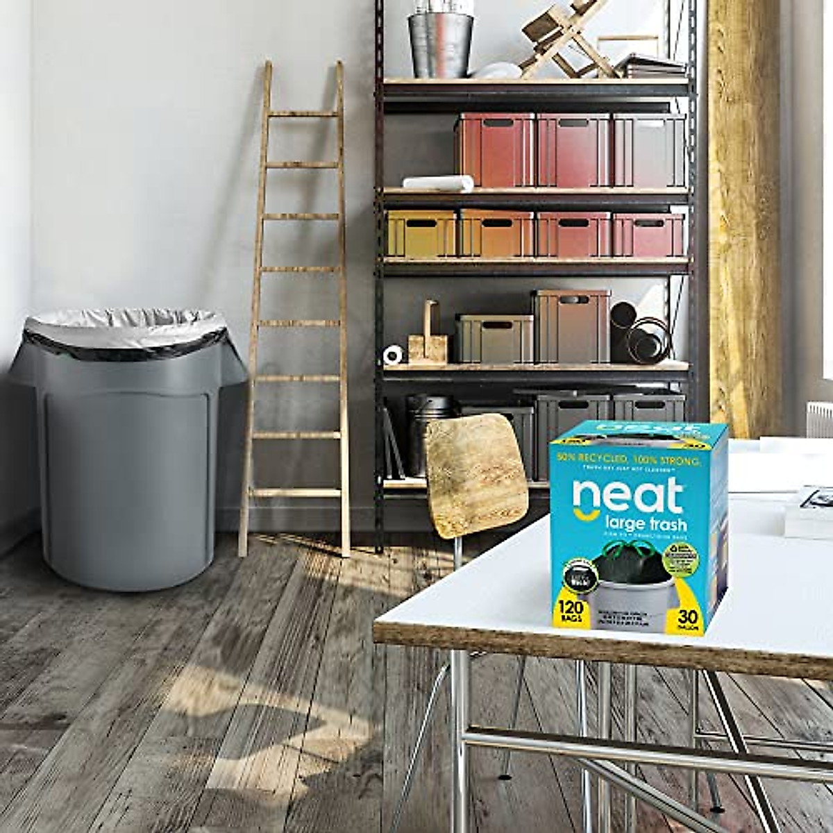 Neat Tall Kitchen 30 Gallon Drawstring Trash Bags - (MEGA 120 COUNT) - Triple Ply Fortified, Eco-Friendly 50% Recycled Material, Neutralize+ Odor Technology, Reversible Black and White Garbage Bags