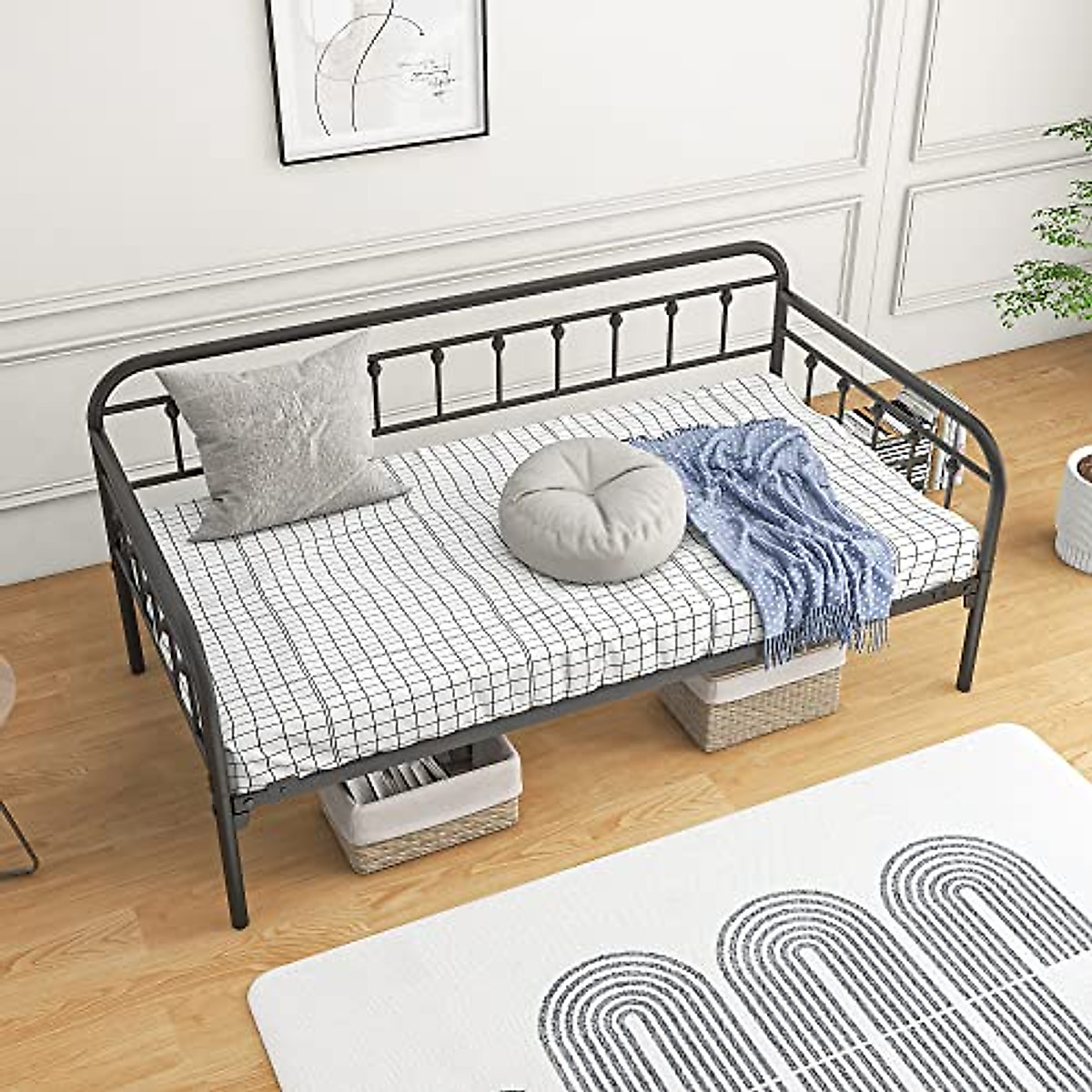 BOFENG Metal Daybed Frame Twin,Black Sofa Bed for Living Room Guest Room,Heavy Duty Steel Slats Support Platform Furniture,Platform Bed Frame with Storage No Box Spring Needed,Noise Free