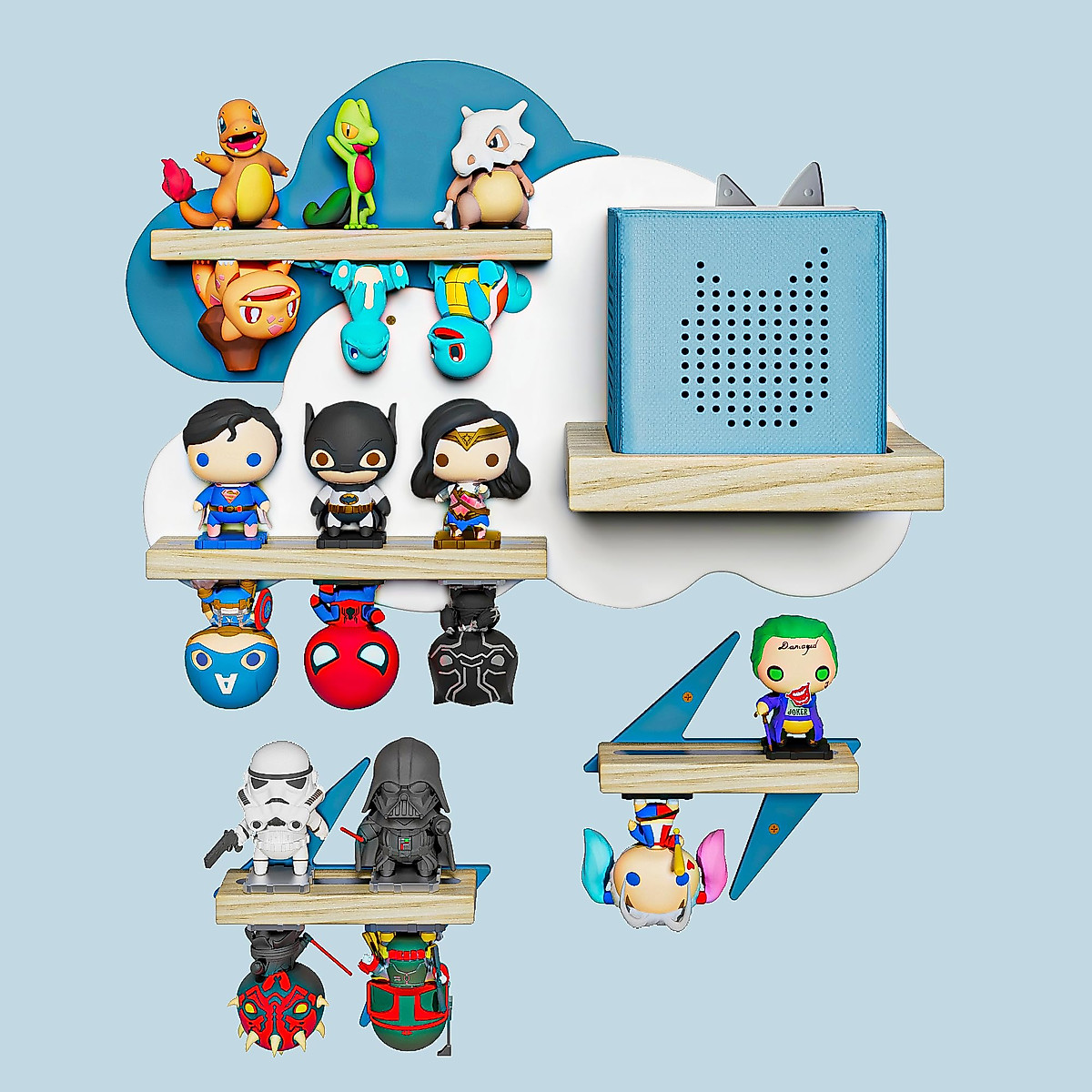 Sumbame Cloud Tonie Shelf for Toniebox Storage - Tonie Magnetic Wall Shelf for Tonie Figures, Toniebox, Charging Station, Decorative Hanging Shelf for Kids, Nursery Room (Cloud and 2 Lightning)