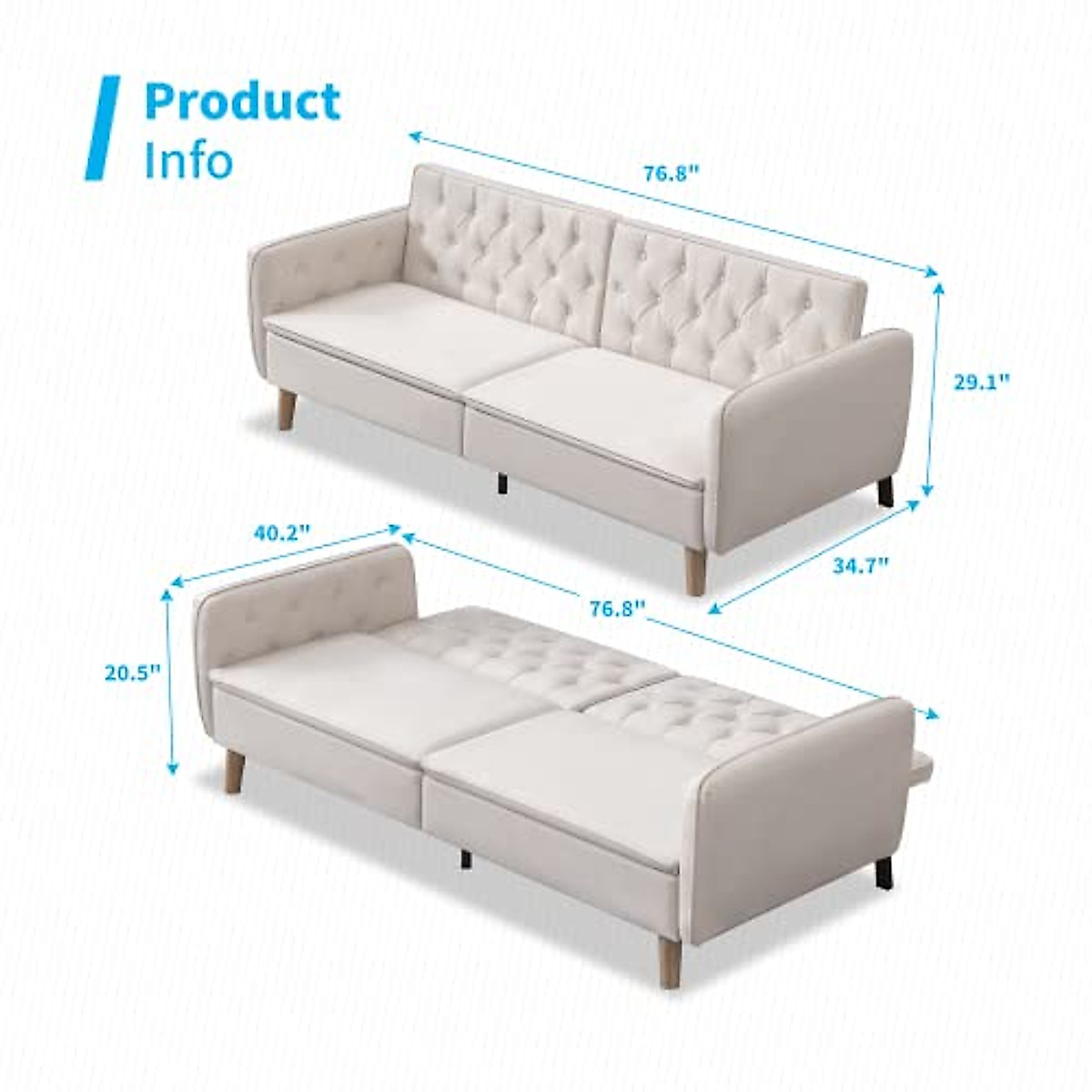 Mjkone Convertible Sofa Bed, Modern Velvet Loveseat Couch, Folding Upholstered Sleeper Sofa with Adjustable Backrest & Armrest, Couches for Living Room Apartment Office Small Space