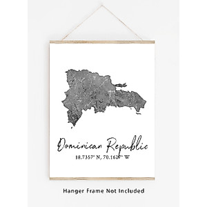Dominican Republic Map Wall Art Print - 8x10 Silhouette Decor Print with Coordinates. Makes a Great DR-Themed Gift. Shades of Grey, Black & White.