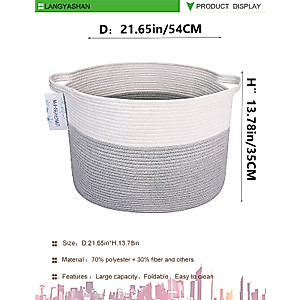 LANGYASHAN 21.65" x 13.78" XXXLarge Woven Rope Basket Decorative Blanket Basket for Living Room Toys Sofa Throws Storage Towels or Nursery Round Laundry Hamper Basket with Handles Laundry Basket(Gray)