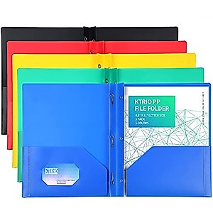 KTRIO File Folders Pocket Folders with Prongs - (5 Pack, Assorted Colors) 2 Pocket 3 Prong Folders with Pockets and Fasteners Letter Size Colored Plastic Folders for School Office Home, Heavy Duty