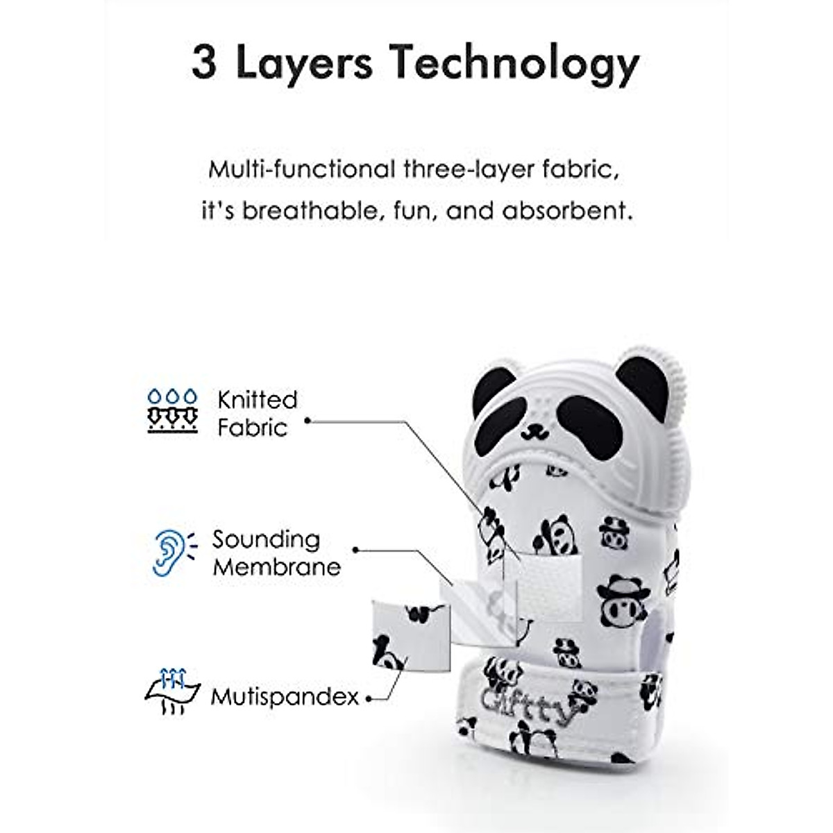Giftty Baby Teething Mitten Panda Hand Teether Soothing Glove Wearable Teething Toy with Crinkle Sound, Multi Textured for Infants 3-12M (1 Pair)